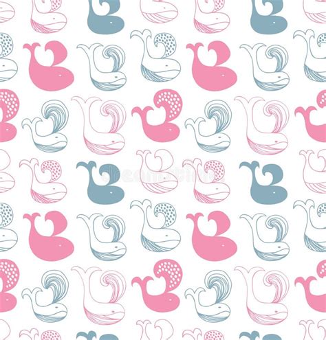 Cute Seamless Pattern With Different Whales Silhouettes Vector Gentle Background Stock Vector