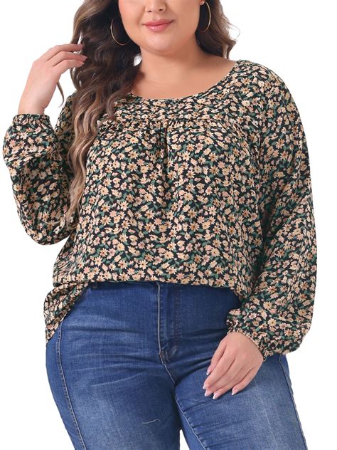 Agnes Orinda Womens Plus Size Tops Floral Ditsy Crew Neck Loog Sleeve