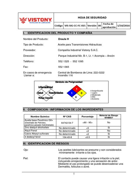 Msds Draula H 1 1 Descargar Gratis Pdf Toxicidad Residuos