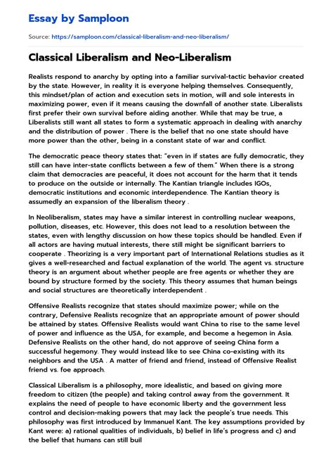≫ Classical Liberalism And Neo Liberalism Free Essay Sample On