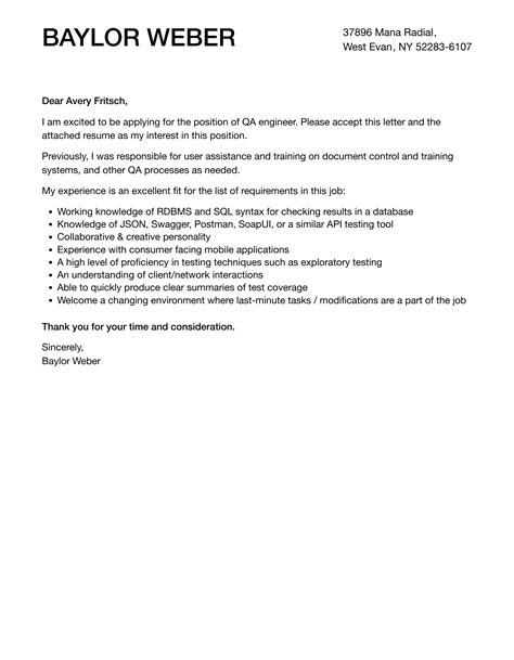 QA Engineer Cover Letter Velvet Jobs