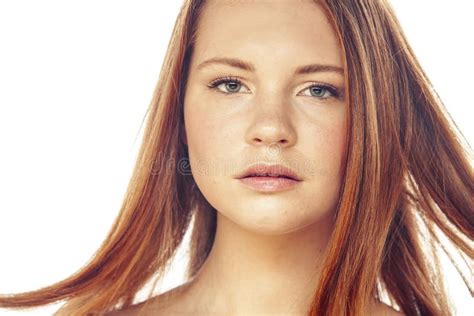 Young Sweet Ginger Woman Close Up Isolated On White Background Perfect Pure Innocense Beautiful