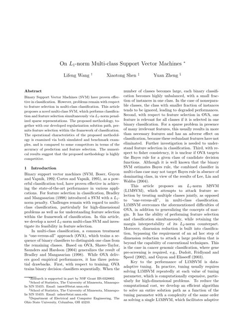 Pdf On L1 Norm Multi Class Support Vector Machines