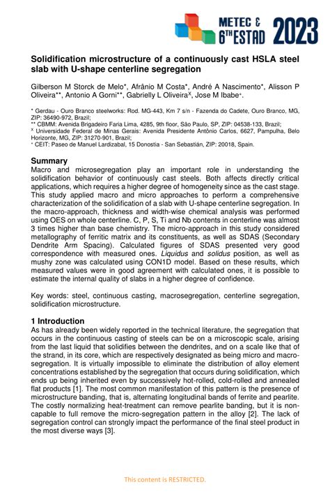 PDF Solidification Microstructure Of A Continuously Cast HSLA Steel Slab With U Shape