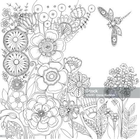 윤곽 장식 꽃 모란 플록스 민들레 튤립 비행 잠자리 인사말 카드 표지 식물 일러스트레이션 인사말 카드 초대장 종이 봉투 따옴표 색칠하기 0명에 대한 스톡 벡터 아트 및 기타