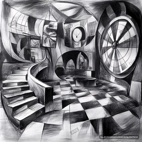 Ai创作图立体主义绘画 空间手绘透视 概念立体画 立体空间透视 Mc埃舍尔 手绘效果图练习 立体素描 艺术作品素描 铅笔室内写实素描 素描效果