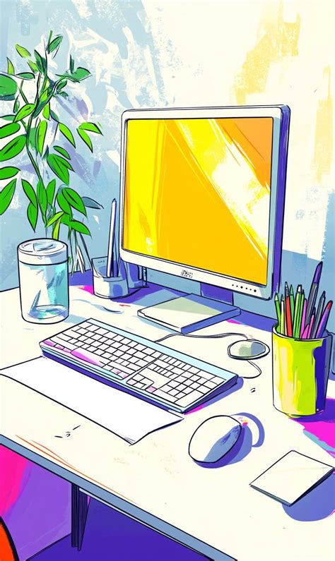 손으로 그린 아동 일러스트로 책상 위에 컴퓨터와 사무용품이 있으며 배경은 자연스럽고 신선한 색상입니다