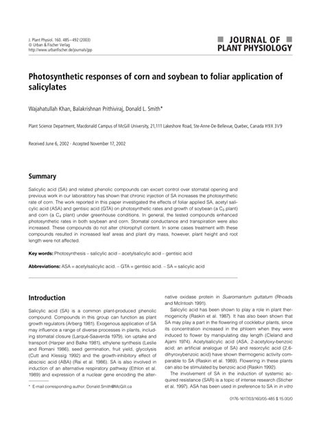 Pdf Photosynthetic Response Of Corn And Soybean To Foliar