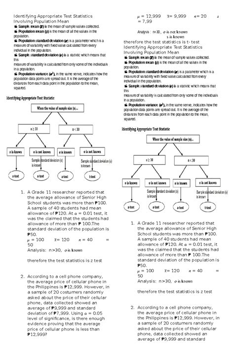 Activivity Sheet 2 In Stat Q4 Identifying Appropriate Test Statistics Involving Population