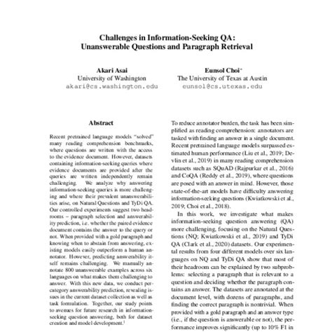 Challenges In Information Seeking Qa Unanswerable Questions And