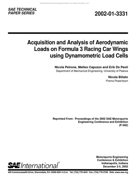 Acquisition And Analysis Of Aerodynamic Loads On Formula 3 Racing Car Wings Using Dynamometric