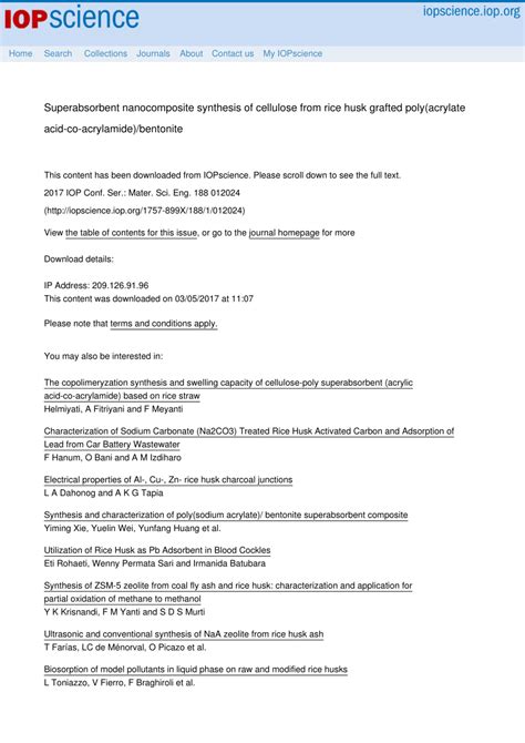 Pdf Superabsorbent Nanocomposite Synthesis Of Cellulose From Rice Husk Grafted Polyacrylate