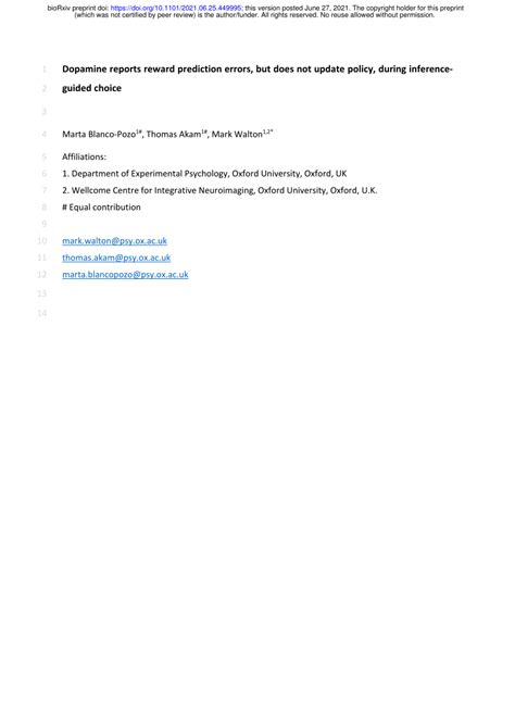 Pdf Dopamine Reports Reward Prediction Errors But Does Not Update Policy During Inference