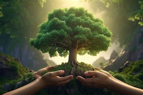 Premium Ai Image Tree In Two Hands With Very Different Environments