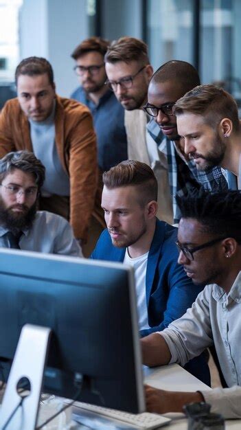 Diverse Team In Modern Office It Programmers Gather Around Computer Talking Finding Solution