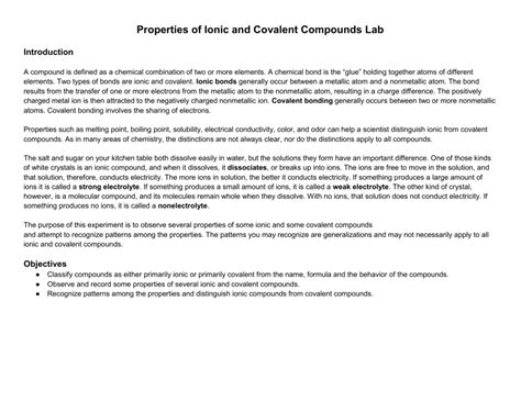 Properties Of Ionic And Covalent Compounds Lab