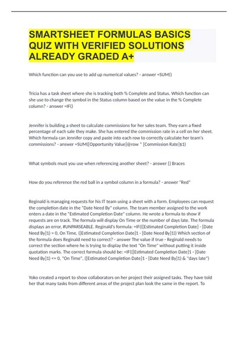 Smartsheet Formulas Basics Quiz With Verified Solutions Already Graded A Smartsheet Formulas