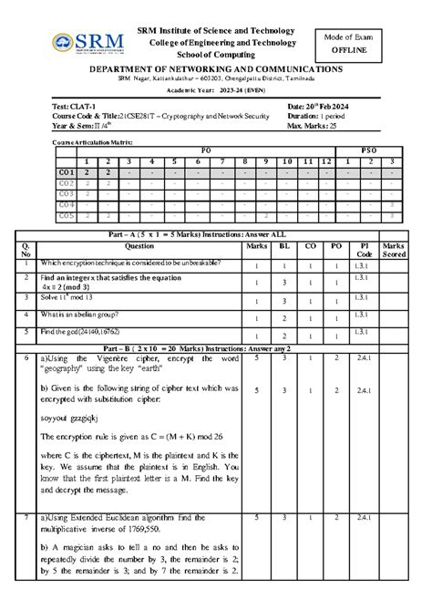 Cns Ct1 Set D Ct Ppr Srm Institute Of Science And Technology College Of Engineering And
