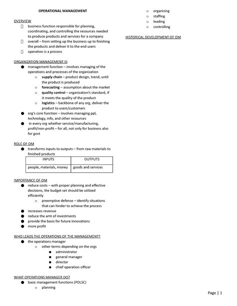 Operations And Management OPERATIONAL MANAGEMENT OVERVIEW Business Function Responsible For
