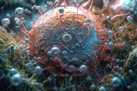 인간세포 배아줄기세포현미경 진핵세포의 핵과 소기관 및 원형질막의 구성요소 의약미생물 Dna분자 Generative Ai 프리미엄 사진