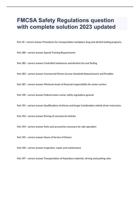 Fmcsa Safety Regulations Question With Complete Solution 2023 Updated