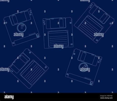 Detailed Outline Floppy Disk Retro Object Isolated On Blue Vector Illustration Stock Vector