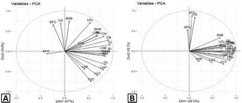 correlations between variables and the first two principal components