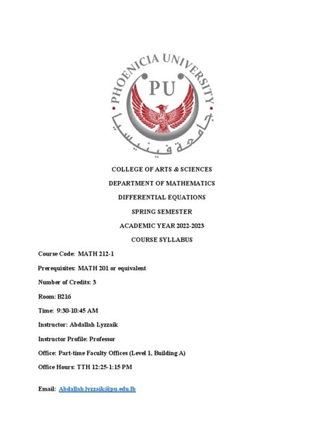 Syllabus Math 212 1 Fall 2022 23 Pdf Equations Differential Equations