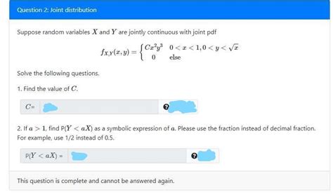Solved Question Joint Distribution Suppose Random Chegg
