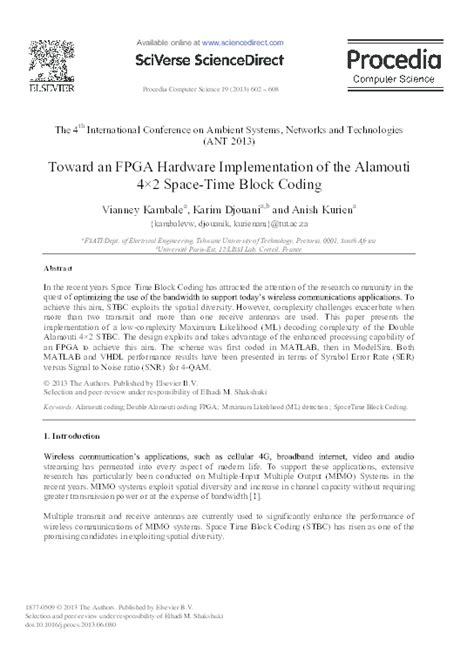 Pdf Toward An Fpga Hardware Implementation Of The Alamouti 4x2 Space