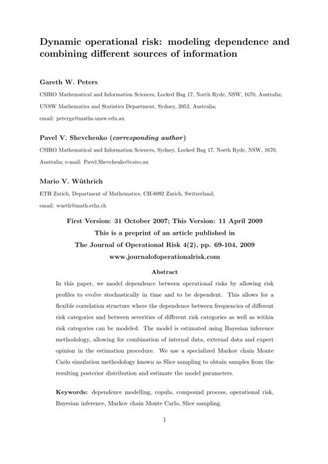Pdf Dynamic Operational Risk Modeling Dependence And Combining
