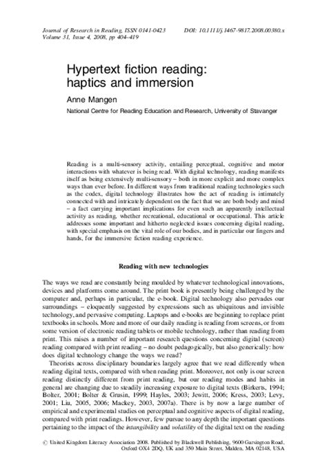 Pdf Mangen A 2008 Hypertext Fiction Reading Haptics And Immersion
