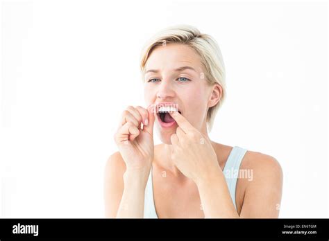 Blonde Woman Flossing Stock Photo Alamy