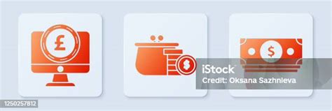 동전지갑 파운드 스털링 기호와 스택 종이 돈 현금으로 컴퓨터 모니터를 설정합니다 흰색 정사각형 버튼 벡터 0명에 대한 스톡 벡터