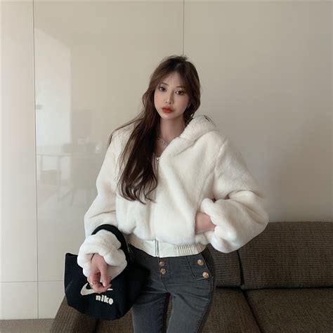 인조 밍크 모피 숏 후드 집업