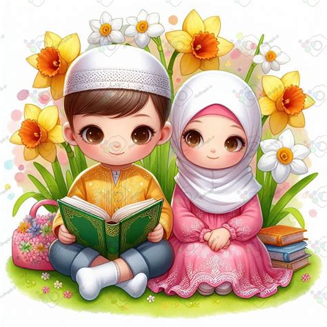 بک گراند کودکانه دختر کوچولوی با حجاب ناز و پسر کوچولو در حال قرآن خواندن در باغ گل نرگس کد