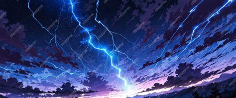 Anime Nighttime Sky Spectacle With Blue And Purple Lightning Fantasy