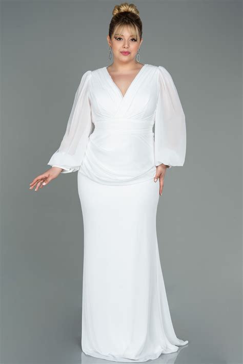 Long White Chiffon Plus Size Evening Dress Abu3096