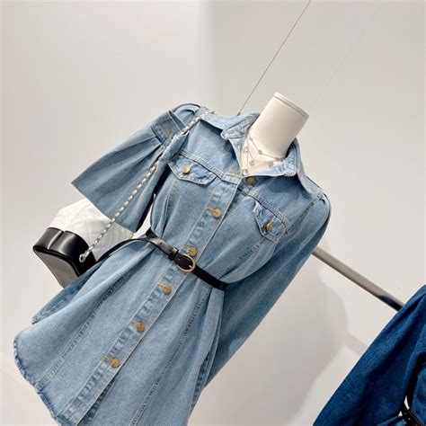 이프유마인 Y2k하이틴유니크 봄 레트로 오버핏 스티치 카라 포켓 데님 청 벨트 허리끈 A라인 플레어 긴팔 셔츠 미니 원피스 자켓 2color