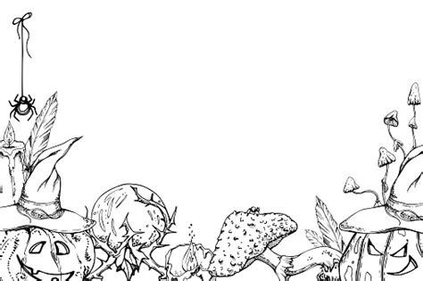 손으로 그린 잉크 벡터 마녀 제단 새겨진 호박 버섯 격리 수평 프레임 스케치 일러스트레이션 아트 할로윈 요술 오컬트 연금술 디자인 상점 로고 인쇄물 웹 사이트 카드 소책자