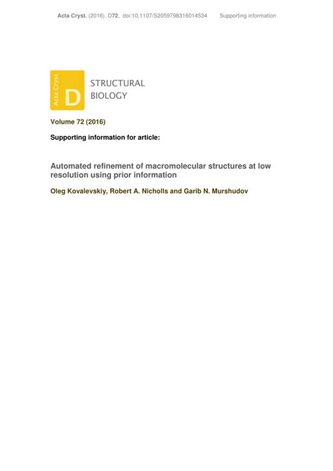 Pdf Automated Refinement Of Macromolecular Structures At Low Resolution Using Prior Information