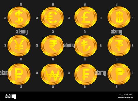 set of gold coins icons of various world currencies, realistic gold coins Treasure concept. 3d ...