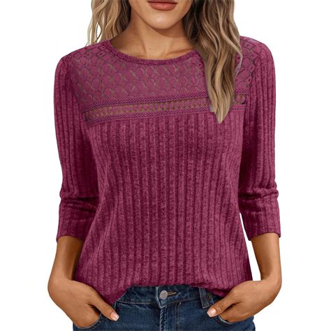 Cocolona Womens 34 Sleeve Shirts Hollow Out Crew Neck Knit Sweaters