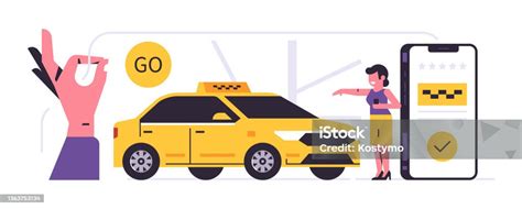 택시 주문 서비스 모바일 응용 프로그램 개념 디스플레이에 택시를 주문하기위한 응용 프로그램과 전화 노란 차로 사람들의 교통 여성 승객과 손은 확인 기호를 보여주는 Brand