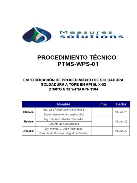 Api 1104 Ptms Wps 01 Rev 00 Pdf Soldadura Construcción