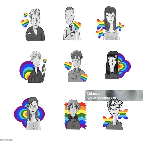 손으로 그린 낙서 사람들 무지개 자부심 배경에 흑백 색상 미니멀리스트 스타일 Lgbt 프라이드의 달에 대한 스톡 벡터 아트 및 기타 이미지 Lgbt 프라이드의 달 게이