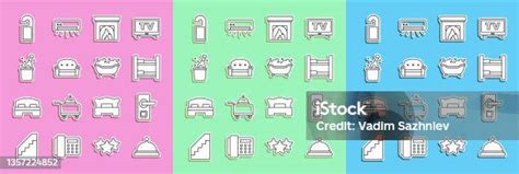 음식 트레이 디지털 도어 잠금 장치 호텔 객실 침대 인테리어 벽난로 소파 병 샴페인 방해하지 말고 욕조 아이콘으로 덮인 세트 라인 벡터 가구에 대한 스톡 벡터 아트 및 기타
