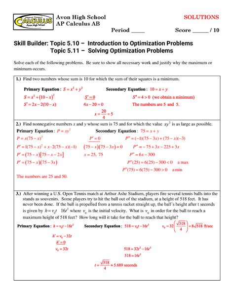 Topic 510 511 Optimization Problems Solutions Avon High School Solutions Ap Calculus Ab