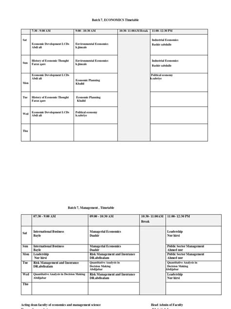 Updated Time Table Pdf Business Economics