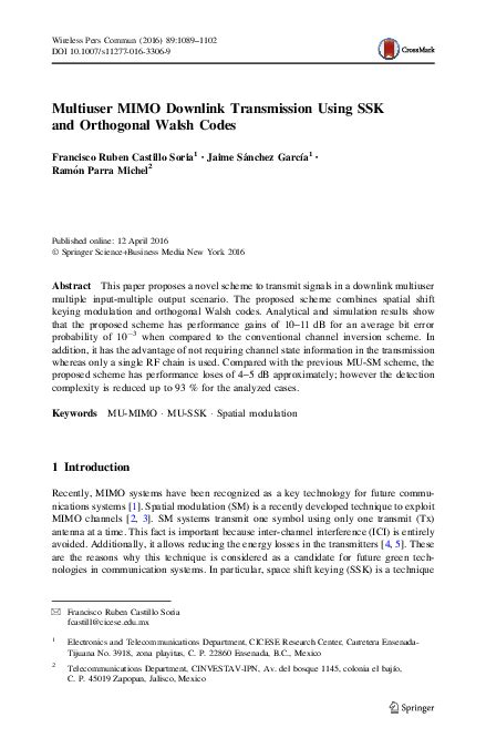 Pdf Multiuser Mimo Downlink Transmission Using Ssk And Orthogonal Walsh Codes Francisco R